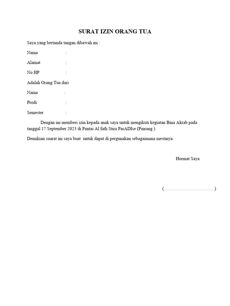 Surat Izin Orang Tua Bina Akrab | PDF