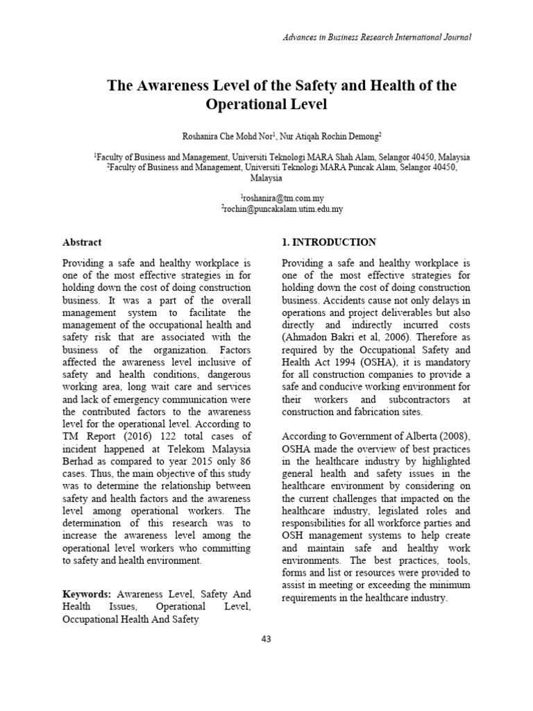 The Awareness Level of The Safety and He | PDF | Occupational Safety ...