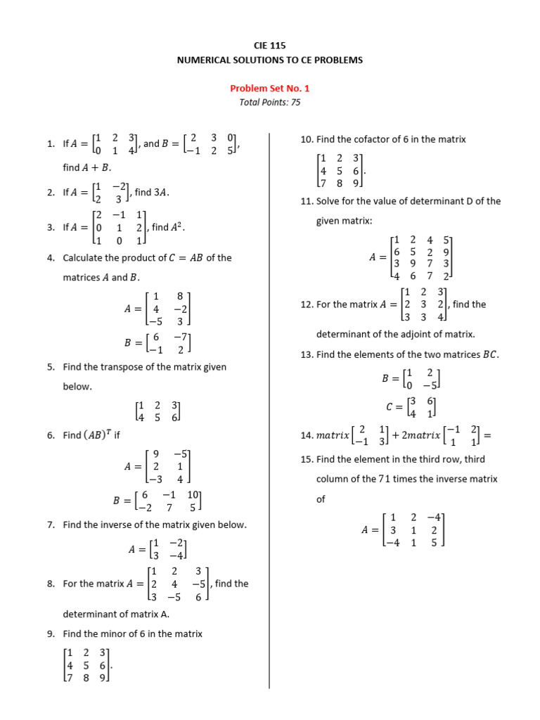 CIE 115 P1 Problem Sets | PDF | Matrix (Mathematics) | Determinant CIE 115 P1 Problem Sets | PDF | Matrix (Mathematics) | Determinant