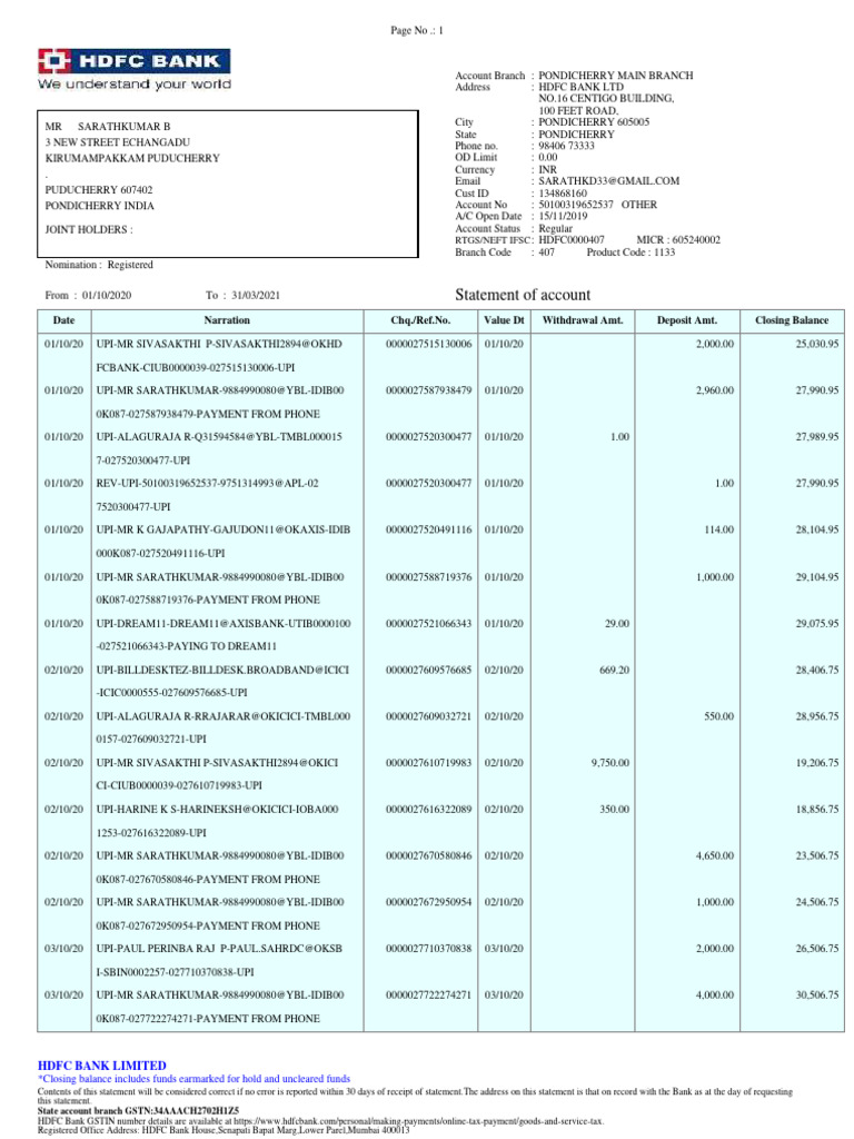 Statement of Account: Date Narration Chq./Ref - No. Value DT Withdrawal ...