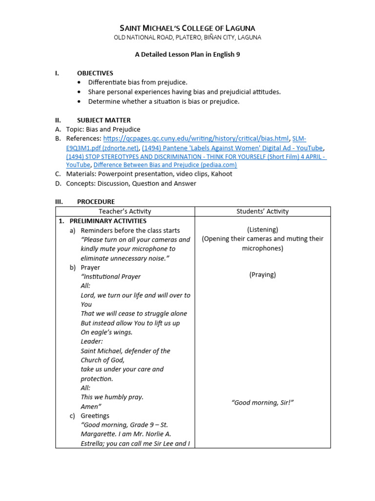 A Detailed Lesson Plan in English 9 - Bias and Prejudice | PDF | Bias ...