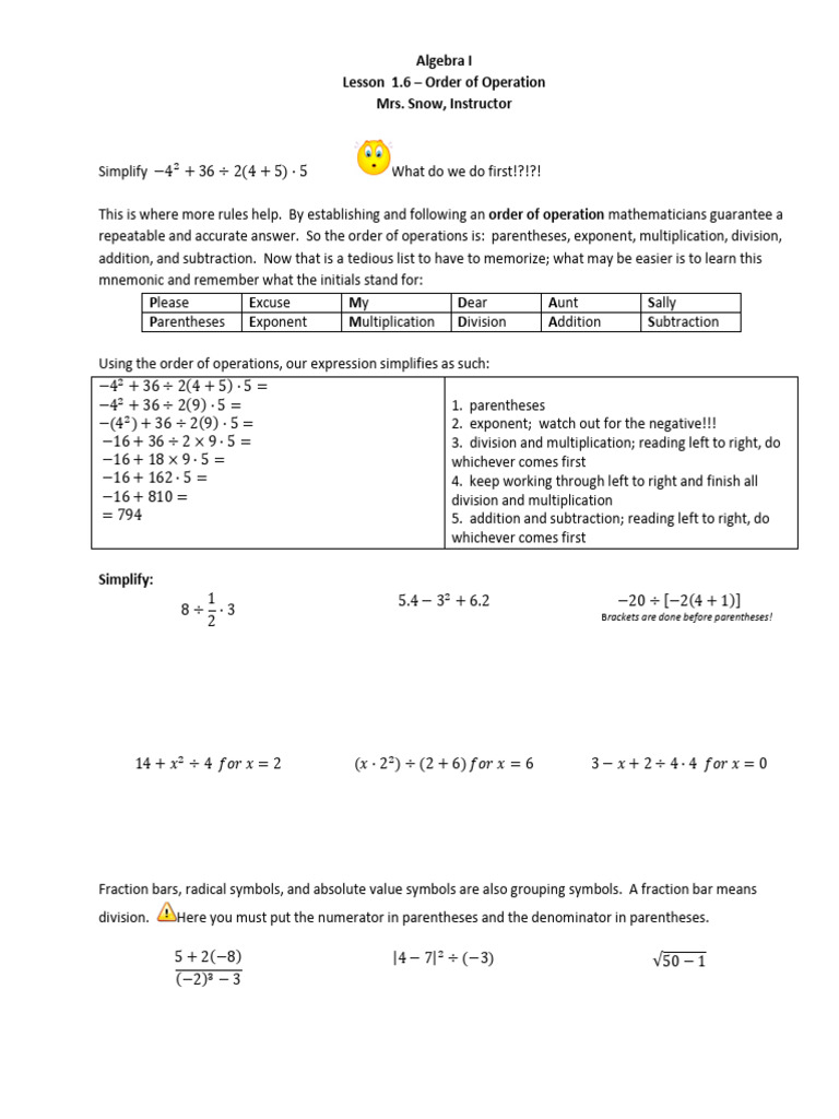 Algebra I Lesson 1.6 - Order of Operation Mrs. Snow, Instructor | PDF ...