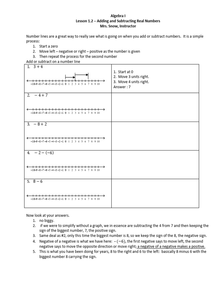 Algebra I Lesson 1.2 - Adding and Subtracting Real Numbers Mrs. Snow ...