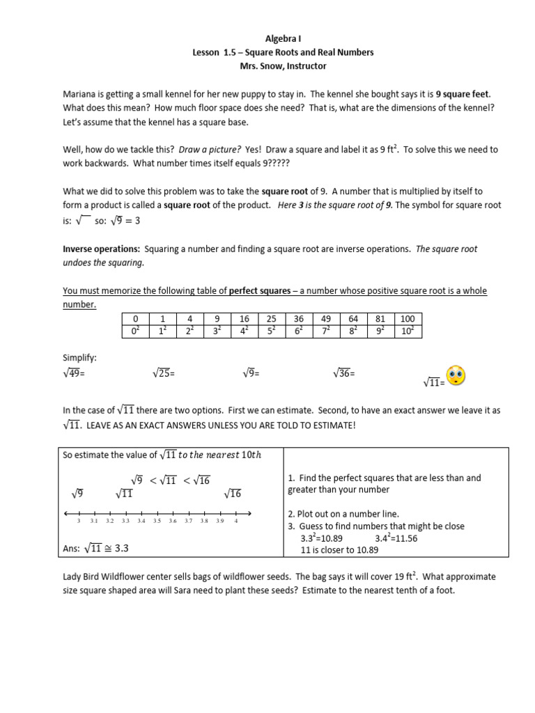 Algebra I Lesson 1.5 - Square Roots and Real Numbers Mrs. Snow ...