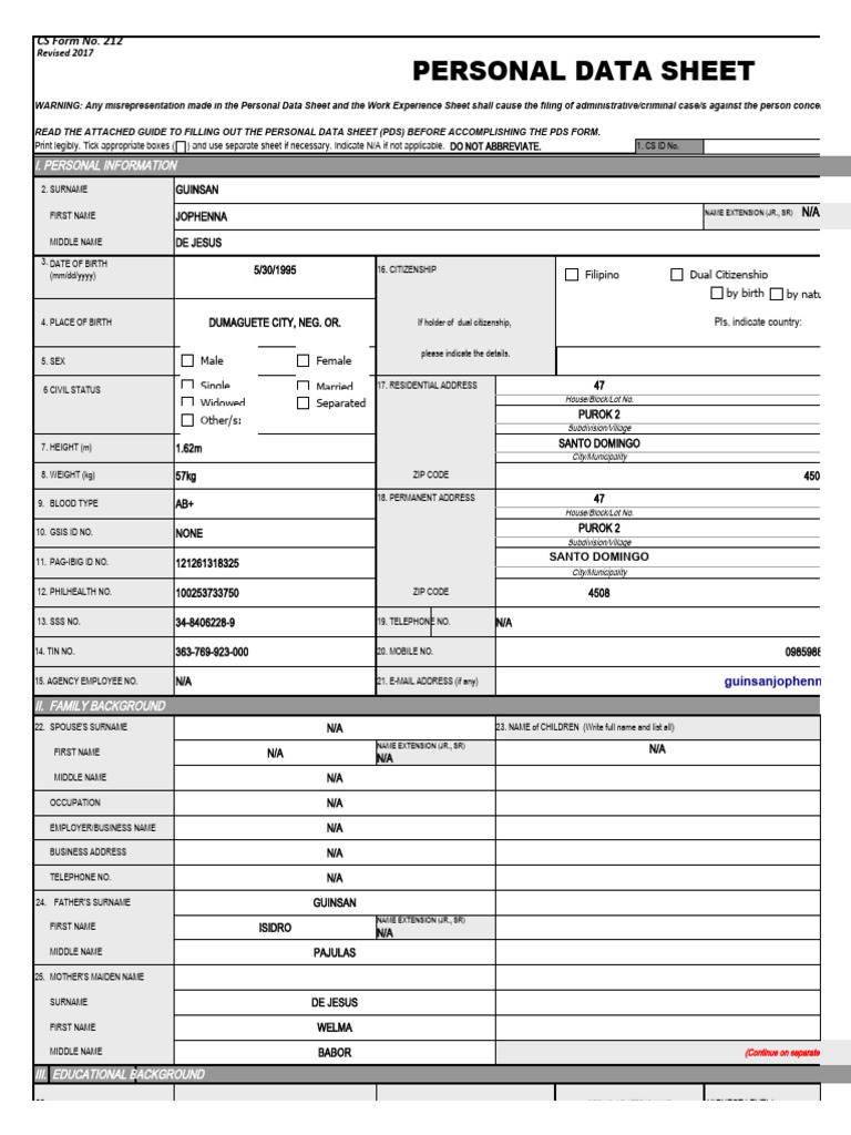 Cs Form No. 212 Revised Personal Data Sheet | Download Free PDF ...