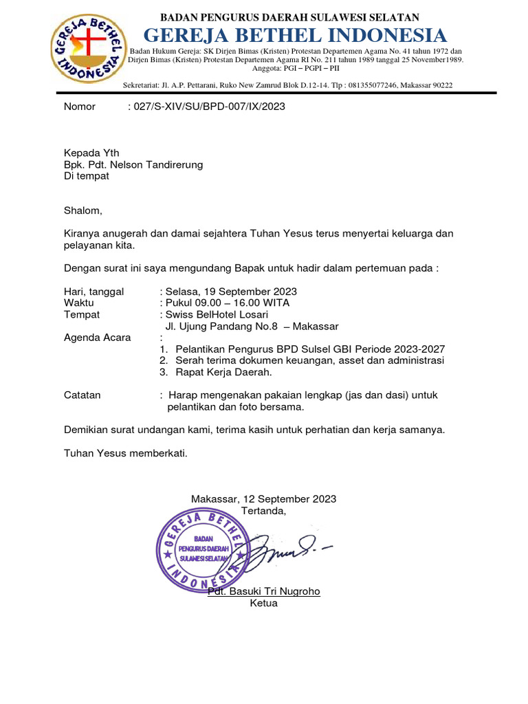 20230912-SU027-Undangan Utk Ketua Bethel Centre - Toraja Pdt. Nelson ...