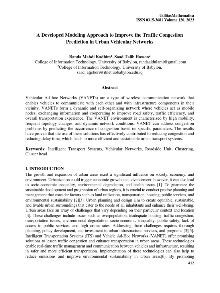 A Developed Modeling Approach To Improve The Traffic Congestion Prediction in Urban Vehicular ...