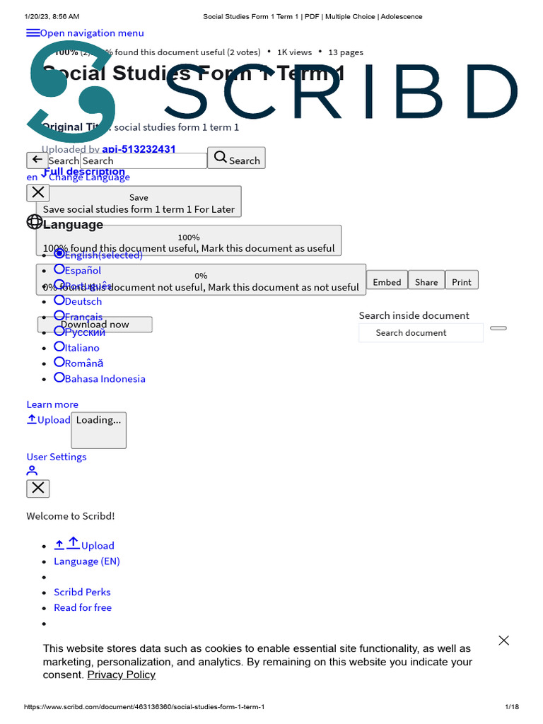 Social Studies Form 1 Term 1 - PDF - Multiple Choice - Adolescence | PDF | Scribd | Romance Novels