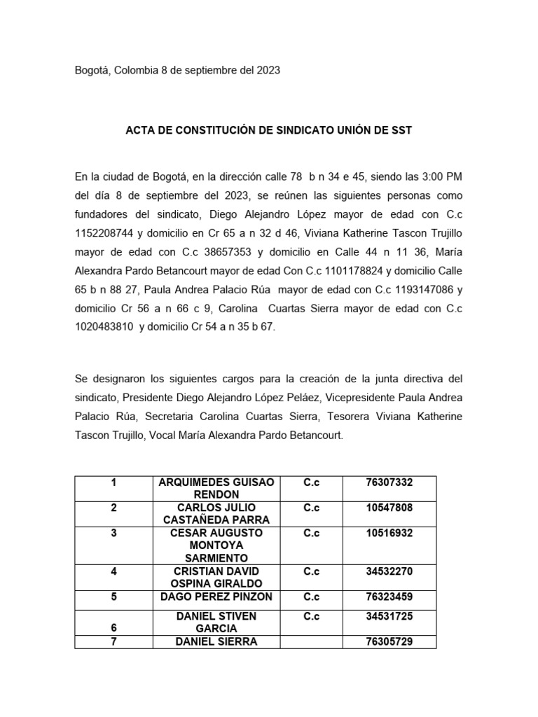 ACTA DE CONSTITUCIÓN SINDICATO | PDF | Sindicato | Derecho laboral ACTA DE CONSTITUCIÓN SINDICATO | PDF | Sindicato | Derecho laboral