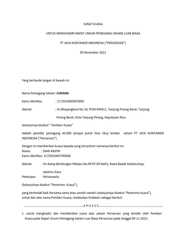 Surat Kuasa Rups | PDF