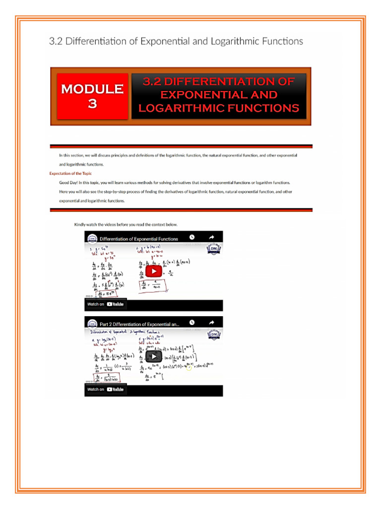 3.2 Differentiation of Exponential and Logarithmic Functions | PDF