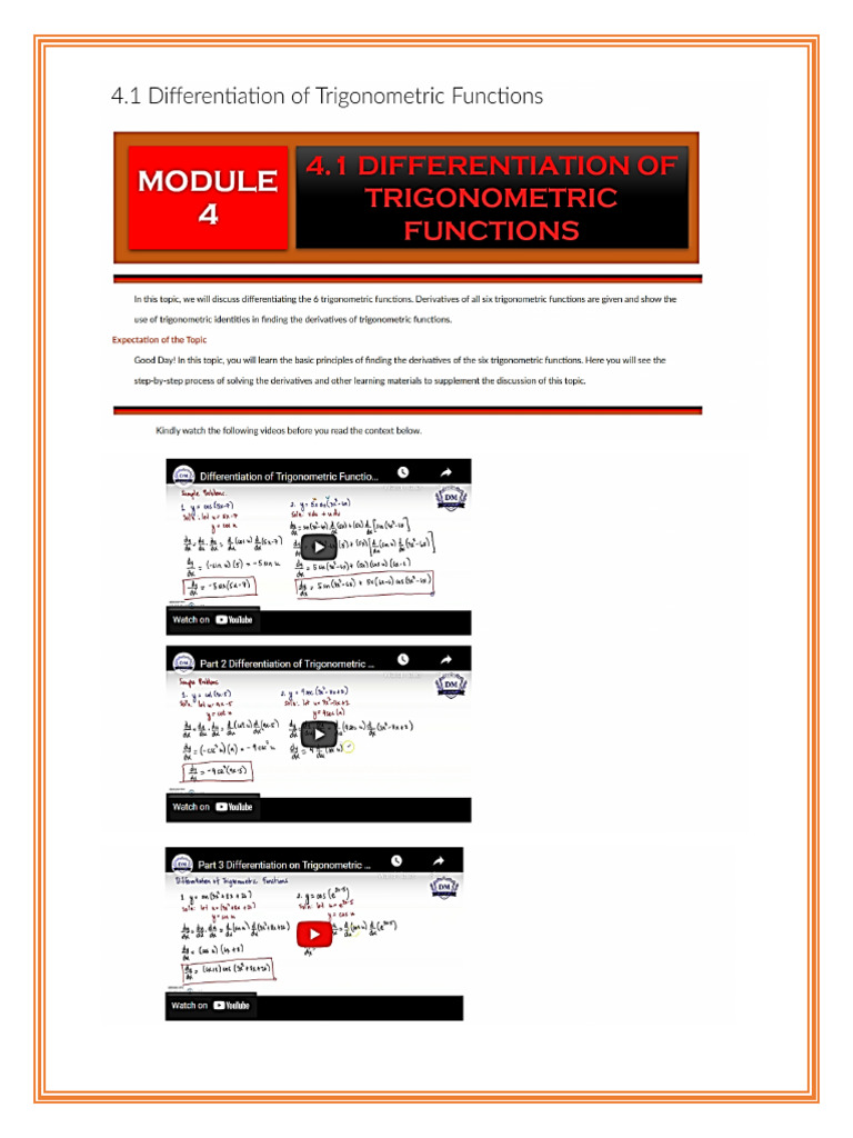 4 1 Differentiation Of Trigonometric Functions Pdf