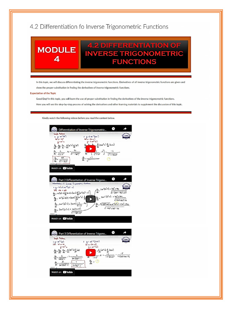 4 2 Differentiation Of Inverse Trigonometric Functions Pdf