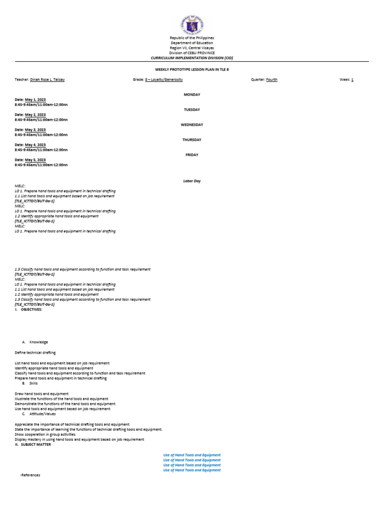 TLE 8 Weekly Lesson Plan: Technical Drafting | PDF | Drawing ...