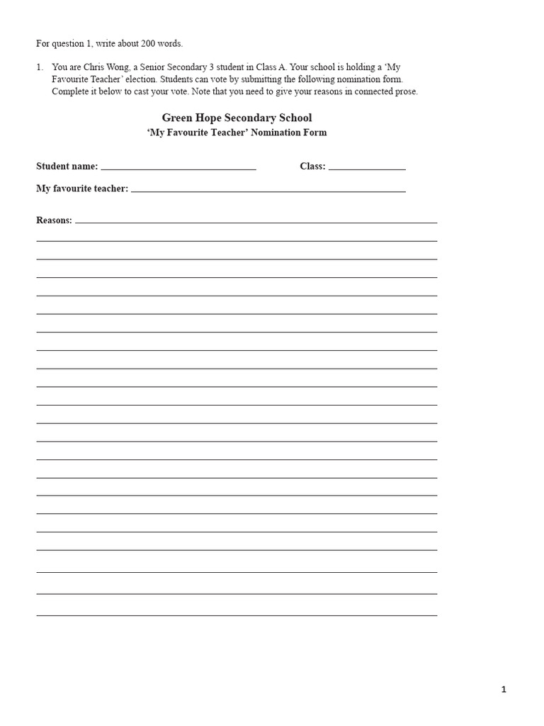 Green Hope Secondary School: My Favourite Teacher' Nomination Form ...