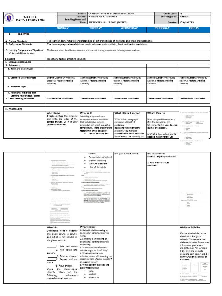 Melc-Based Science DLL Quarter 1 Week 3 | PDF | Solubility | Solvent