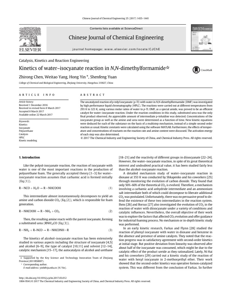 Kinetics of Water-Isocyanate Reaction in N, N-Dimethylformamide | PDF ...