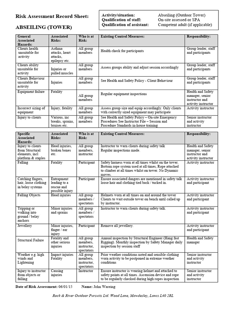Risk Assessment - Abseiling Tower | PDF | Occupational Safety And ...