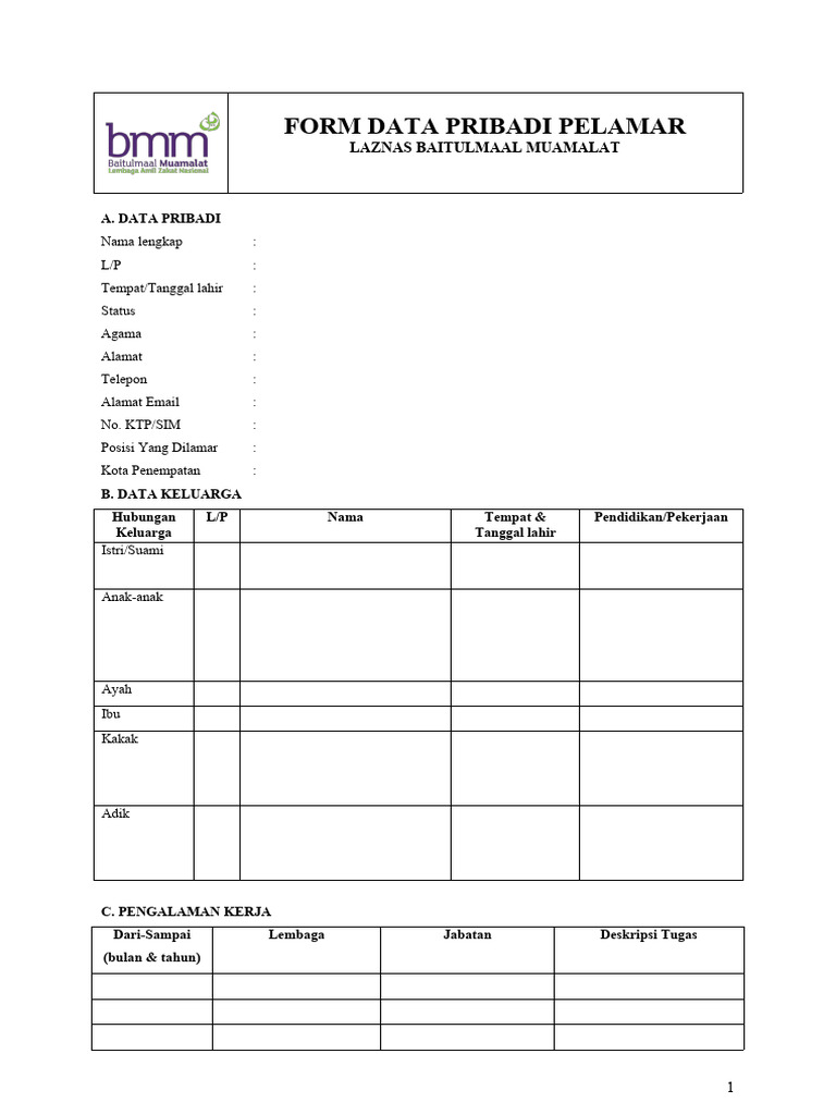 Form Data Pribadi Pelamar Baitulmaal Muamalat | PDF | Karier & Perkembangan