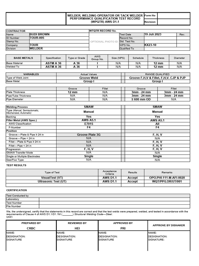 Welder Qualification Test Record | PDF | Pipe (Fluid Conveyance) | Welding