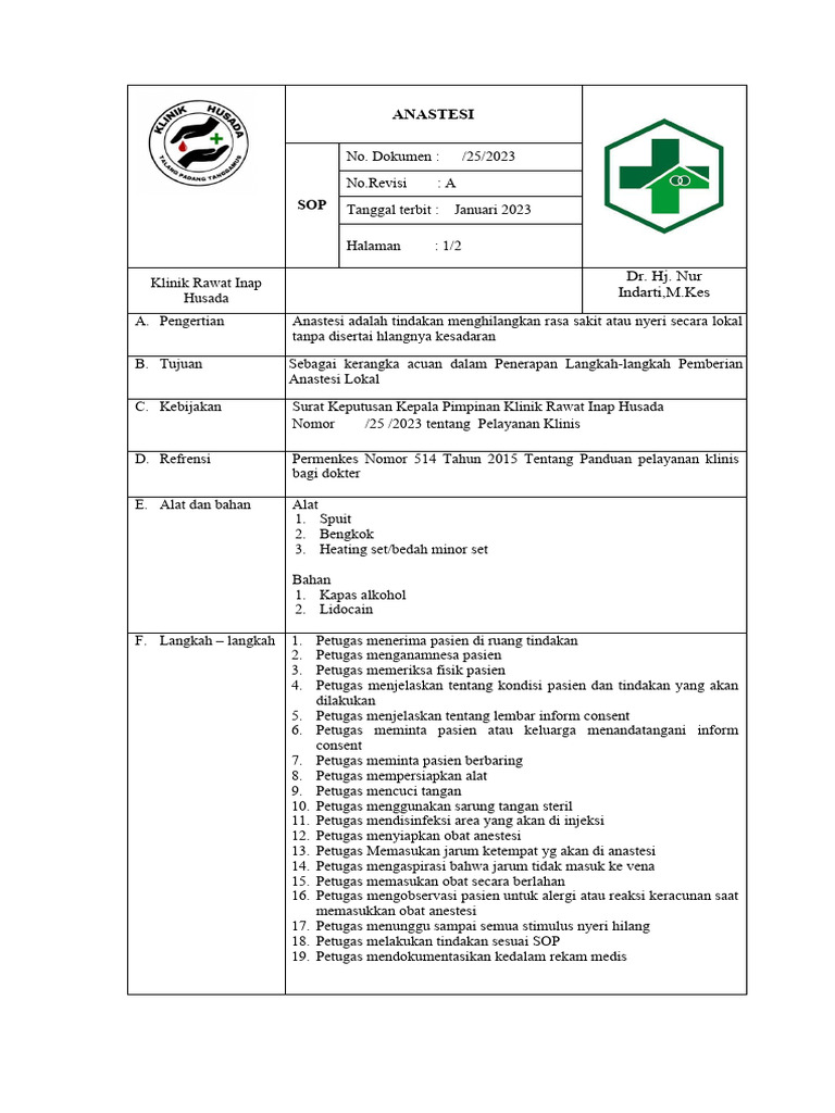 SOP Anastesi Lokal Klinik | PDF