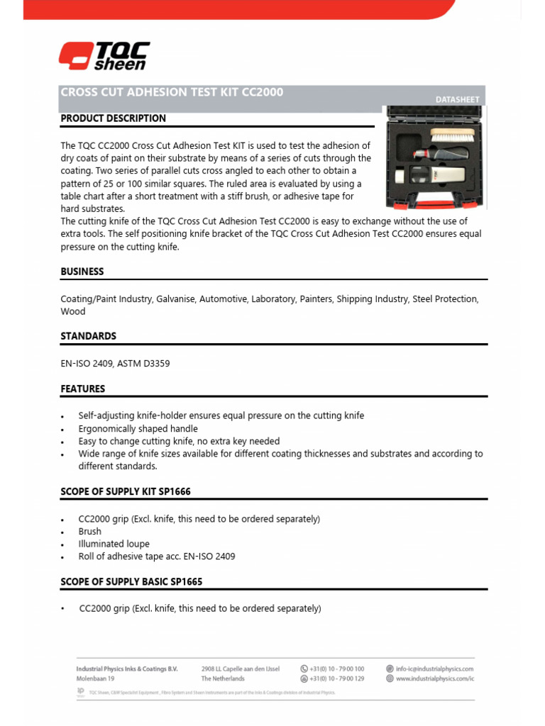 Cross Cut Adhesion Test Kit CC2000 | PDF | Knife | Secondary Sector Of ...