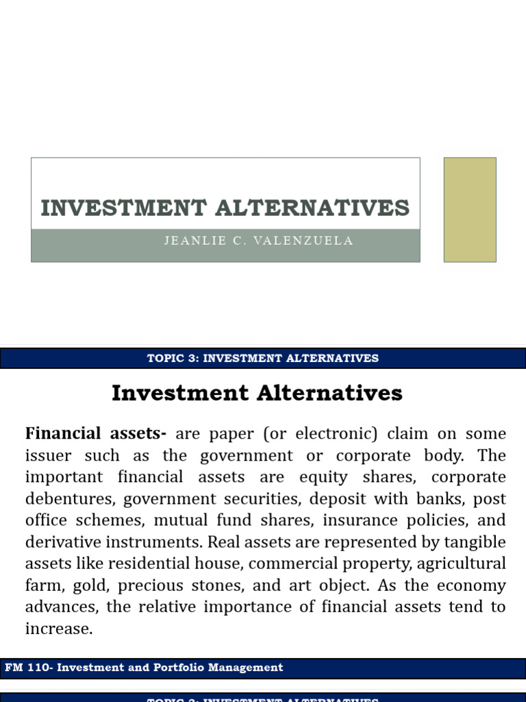 Topic 3 Investment Alternatives | PDF | Stocks | Bonds (Finance)