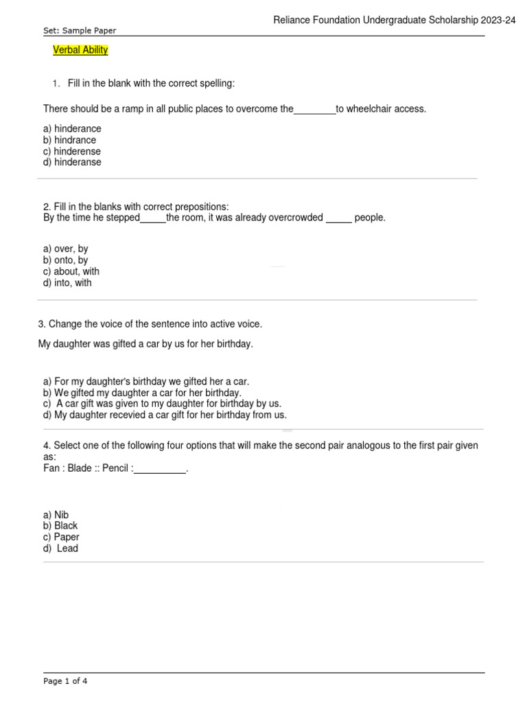 Sample Paper Reliance Foundation UGScholarshipfinal | PDF