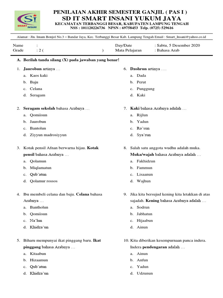 Soal New Arabic Kls 2 SMTR 1 Original Abiharu-Dikonversi | PDF