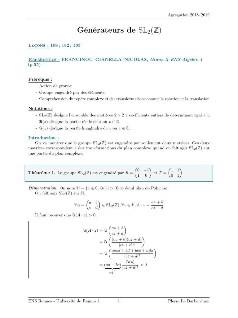Generateurs SL2 | PDF | Groupe (Mathématiques) | Matrice (Mathématiques)