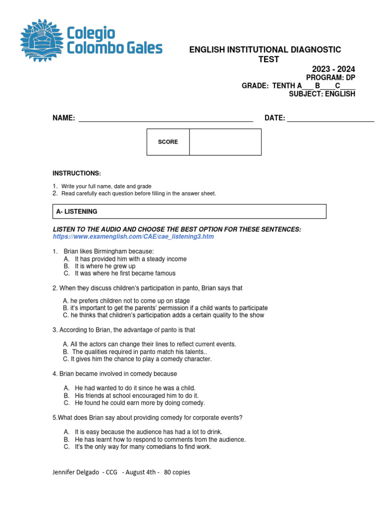 English Diagnostic Test for Tenth Grade | PDF | Happiness | Mind