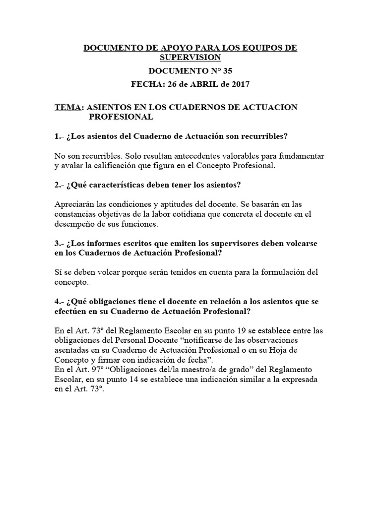 Doc. Apoyo Equipos Supervisión #35 - Asientos en Los Cuadernos de Actuación Profesional | PDF ...