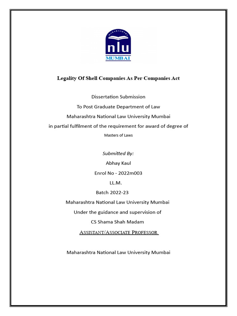 Dissertation - Legality of Shell Companies As Per Company's Law | PDF ...