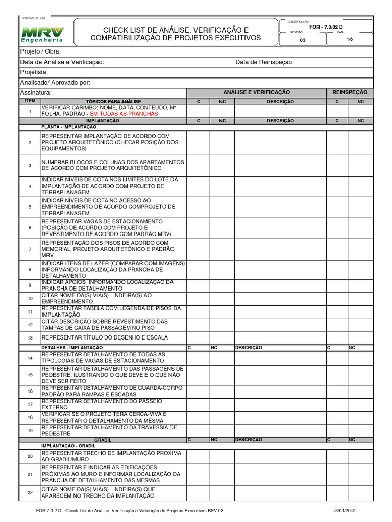 11 - FOR 7 3 2 D - Check List de Análise, Verificação e Validação de ...