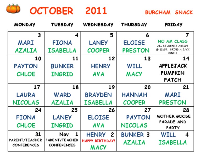 October Snack Calendar | PDF