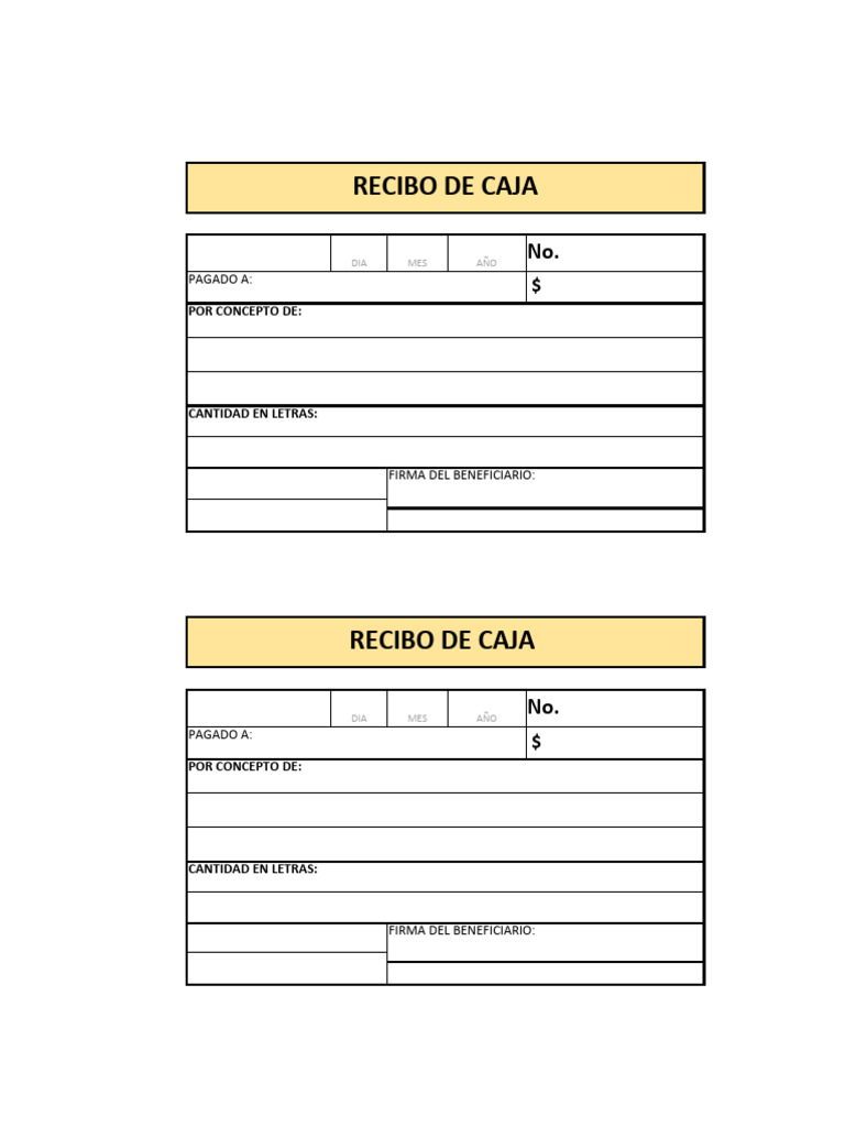 Formato Recibo de Caja en Excel | PDF