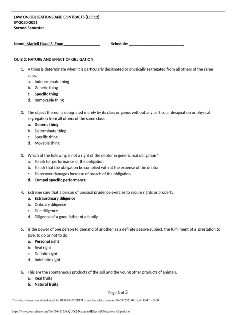 Quiz on Obligations and Contracts | PDF | Damages | Negligence