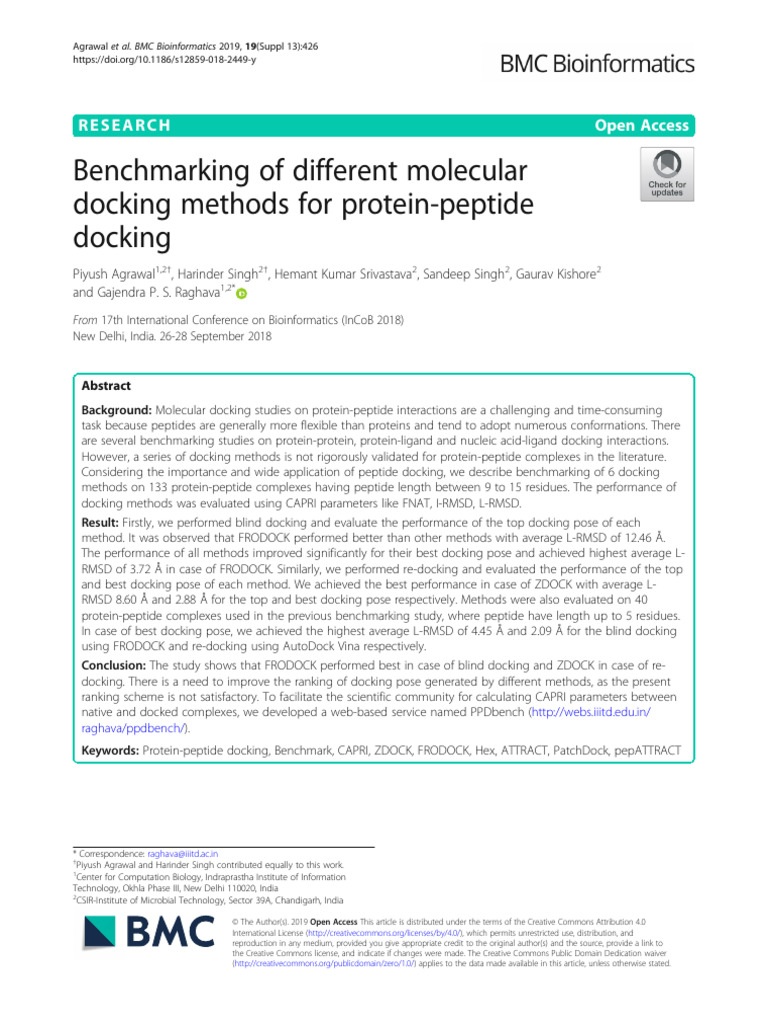 Benchmarking of Different Molecular Docking Methods For Protein-Peptide Docking | PDF | Docking ...
