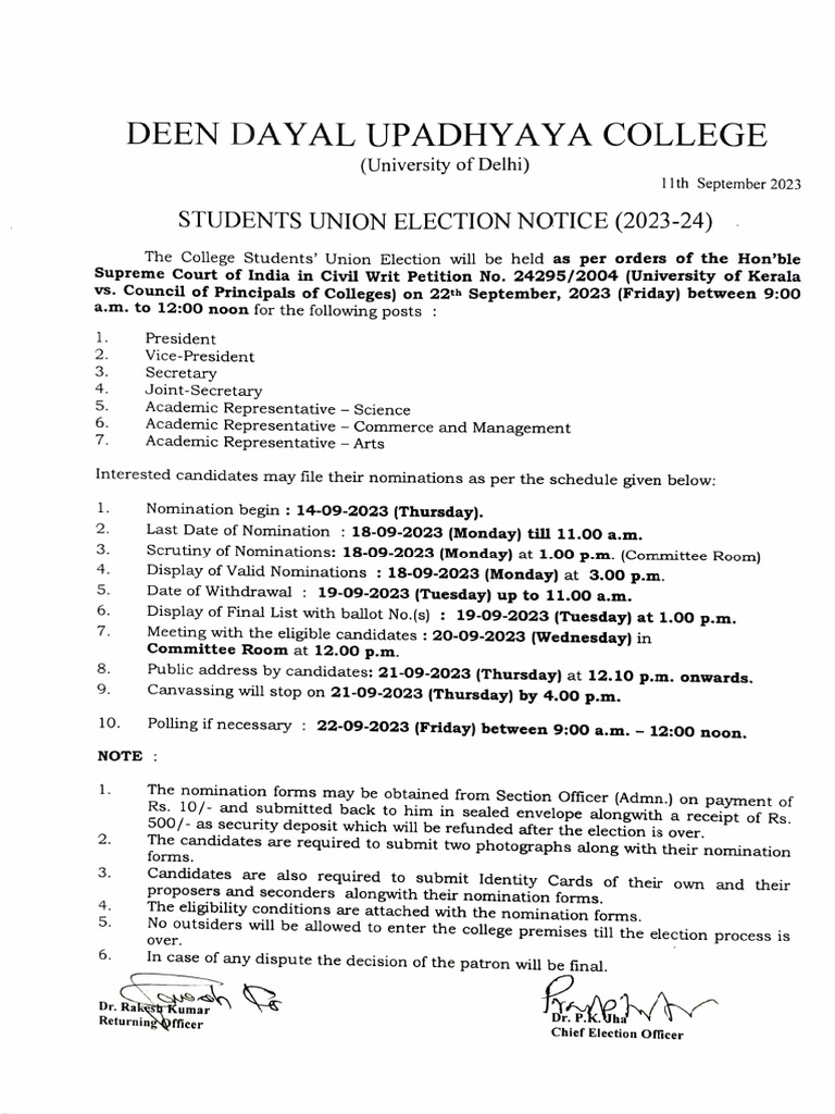 Student Union Election Notice (2023-24) | PDF | Government | Elections