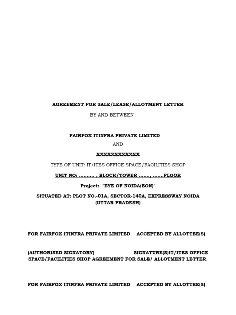 Prj57392171draft of Agreement For Sale Cum Allotment Letter | PDF ...
