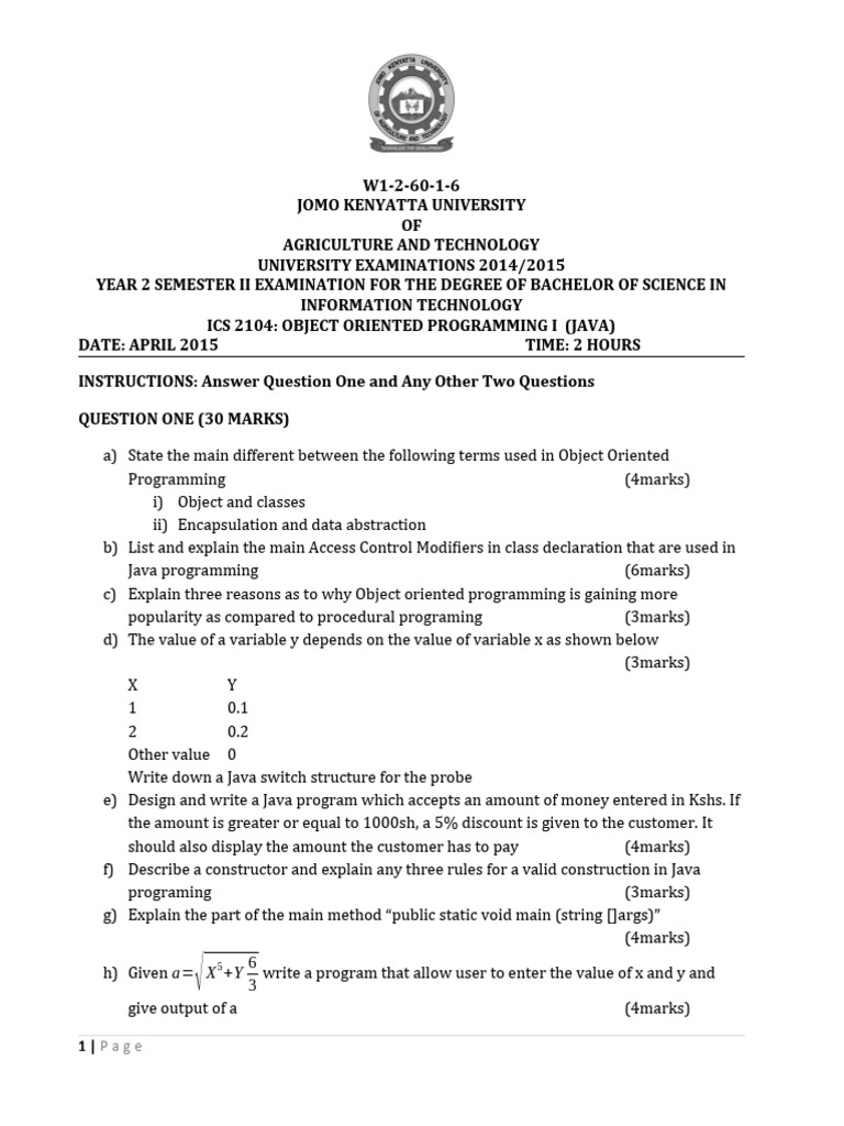 Ics 2104 Object Oriented Programming I Java Pdf Method Computer Programming Java