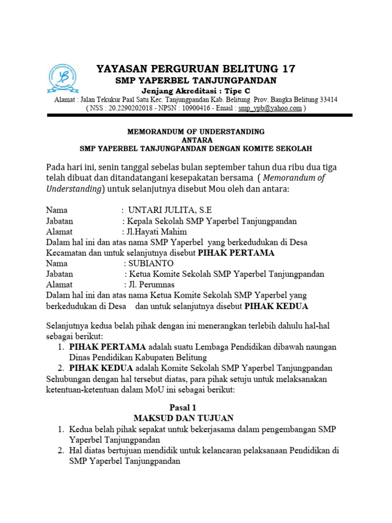 Dokumen Mou Dan Komite Sekolah | PDF