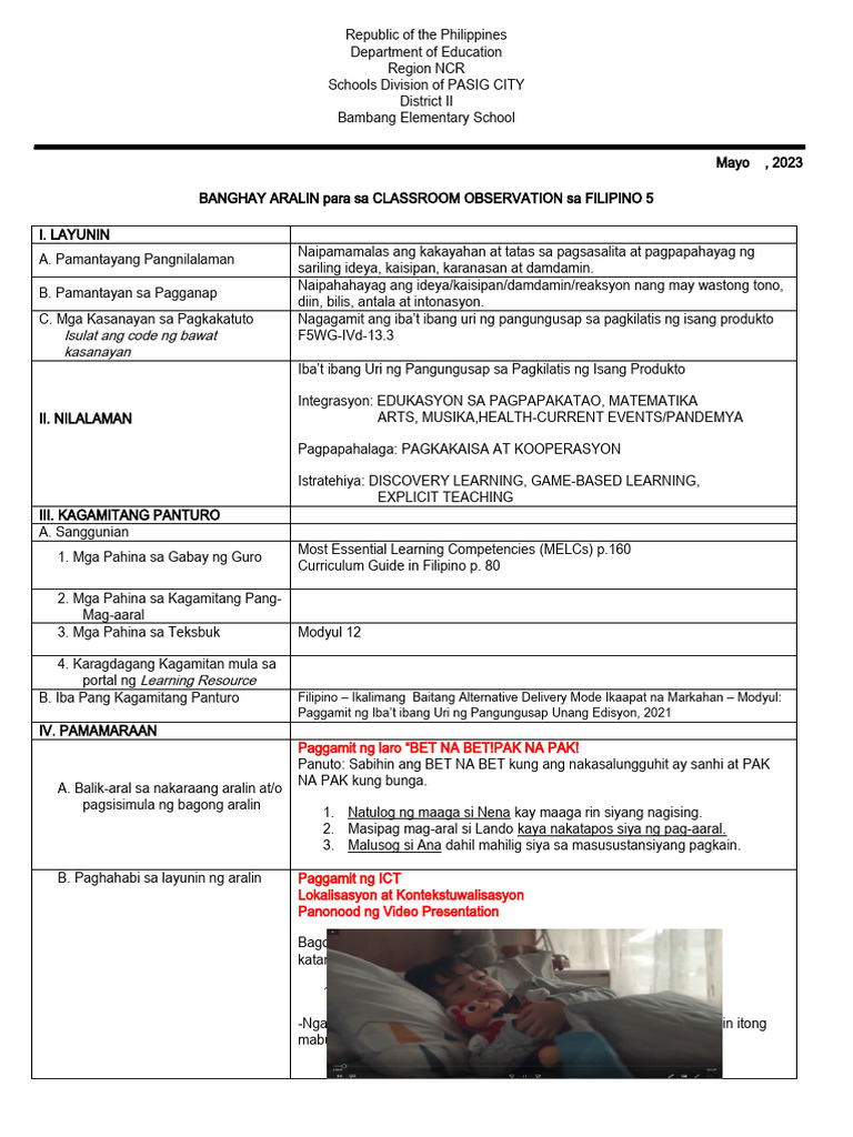 Co Lesson Plan Filipino Pangungusap | PDF