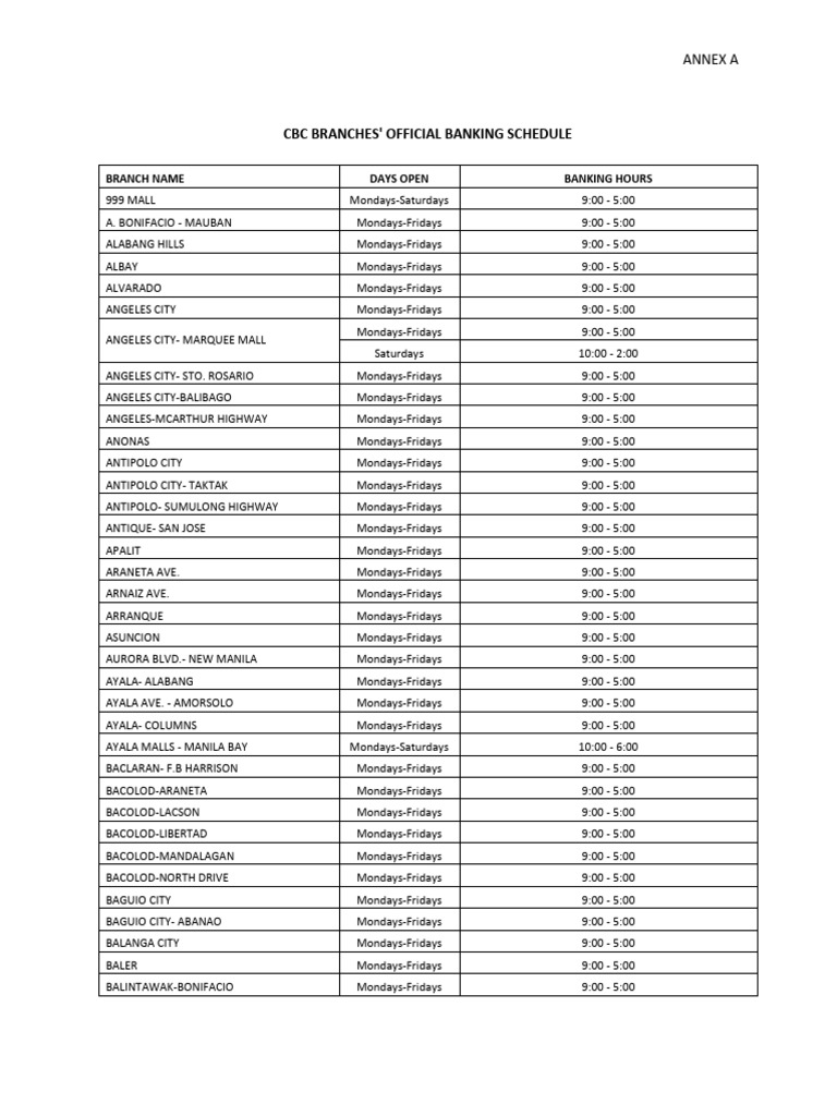CBC Branches Regular Banking Schedule | PDF | Makati | Philippines