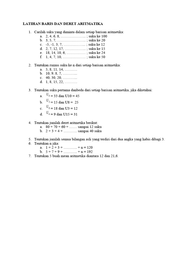 Latihan Baris Dan Deret Aritmatika | PDF