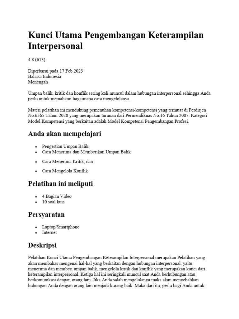 Kunci Utama Pengembangan Keterampilan Interpersonal | PDF