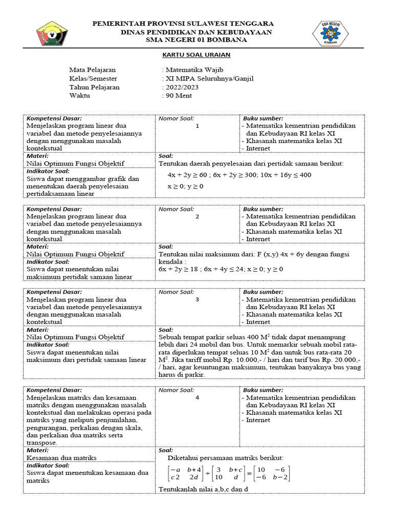 Kartu Soal MTK Wajib | PDF