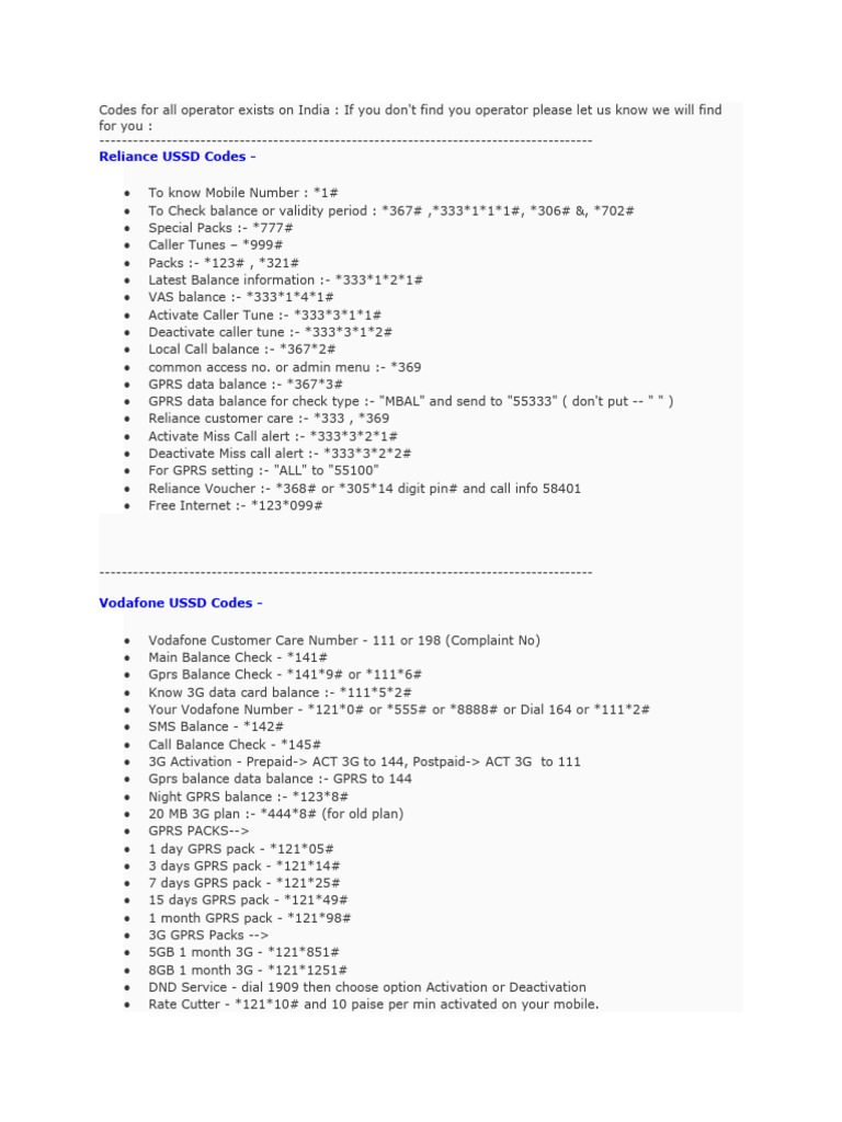 Codes For All Operator Exists On India | PDF | General Packet Radio ...