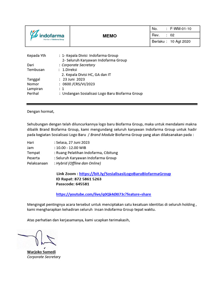 MEMO UndanganSosialisasi Logo Baru Biofarma Group | PDF | Bisnis | Komputer