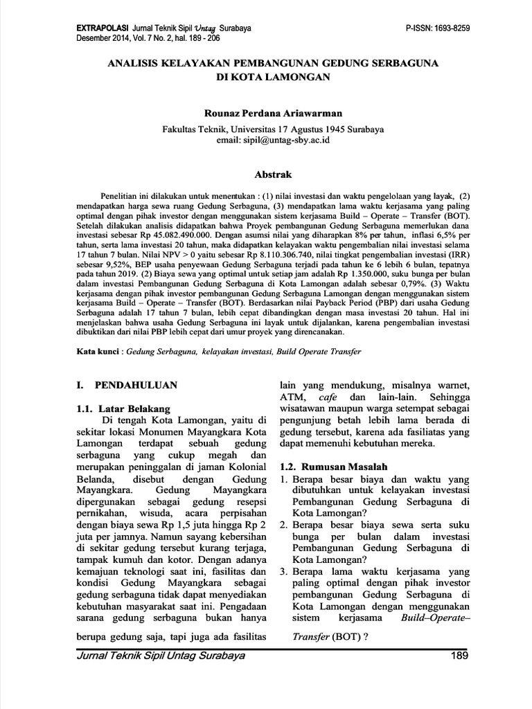 PDF Studi Kelayakan Pembangunan Gedung Serbaguna Di Kota Lamongan - Compress | PDF